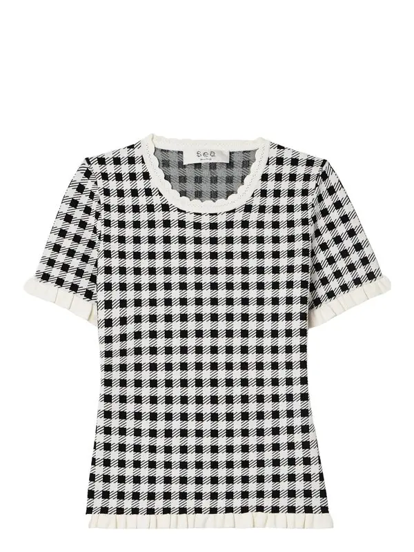Sea Saige Ruffled Gingham Jacquard-knit Top - White
