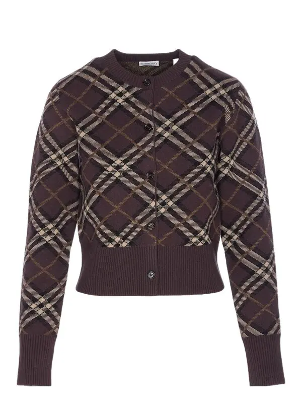 Burberry Checked Crewneck Knitted Cardigan - Black