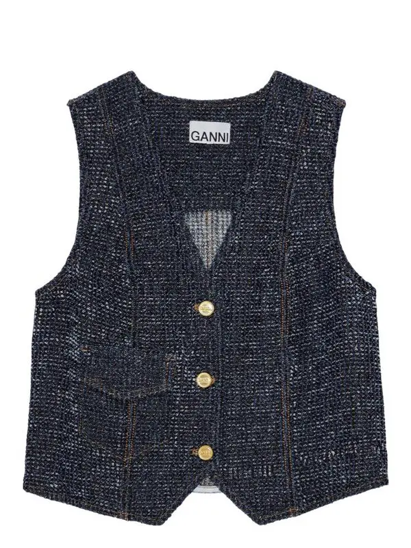 GANNI V-neck Denim Waistcoat - Dark Blue