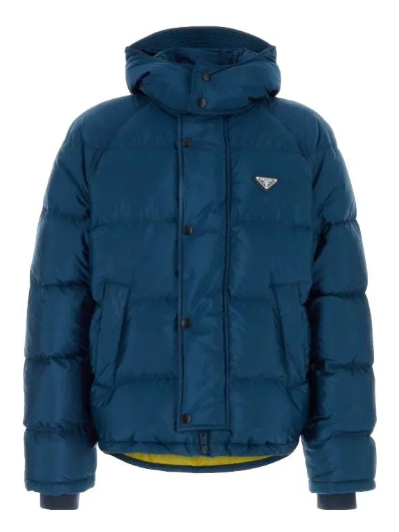 Prada Padded Hooded Jacket With Logo Plaque - Blue