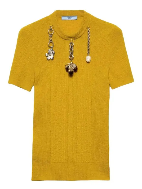 Prada Embellished Knit Top With Short Sleeves - Yellow