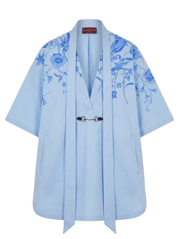 Gucci Horsebit Detail Floral Print Poplin Dress - Light Blue