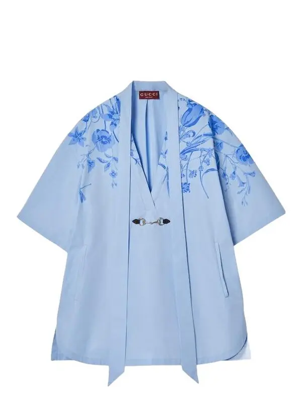 Gucci Horsebit Detail Floral Print Poplin Dress - Light Blue