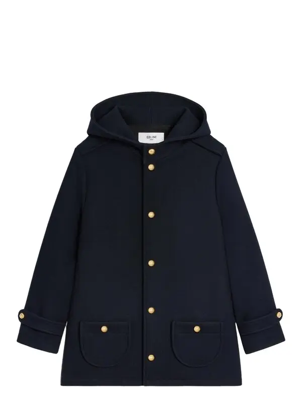 Celine Hooded Triomphe Coat In Wool Felt - Sea-blue