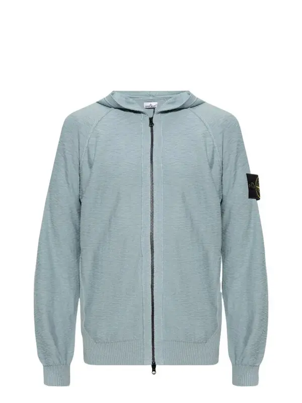 Stone Island Logo Patch Slub Zip-up Hoodie - Sky Color