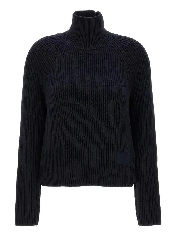 Ami Ribbed Turtleneck Sweater With Logo Patch - Black