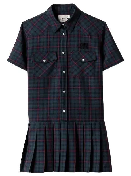 Miu Miu Pleated Plaid Mini Dress - Black