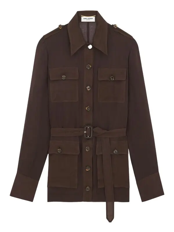 Saint Laurent Saharienne Belted Long-sleeved Dress - Brown