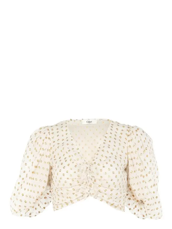Chloé Ruched Jacquard Cropped Top With Bubble Sleeves - White