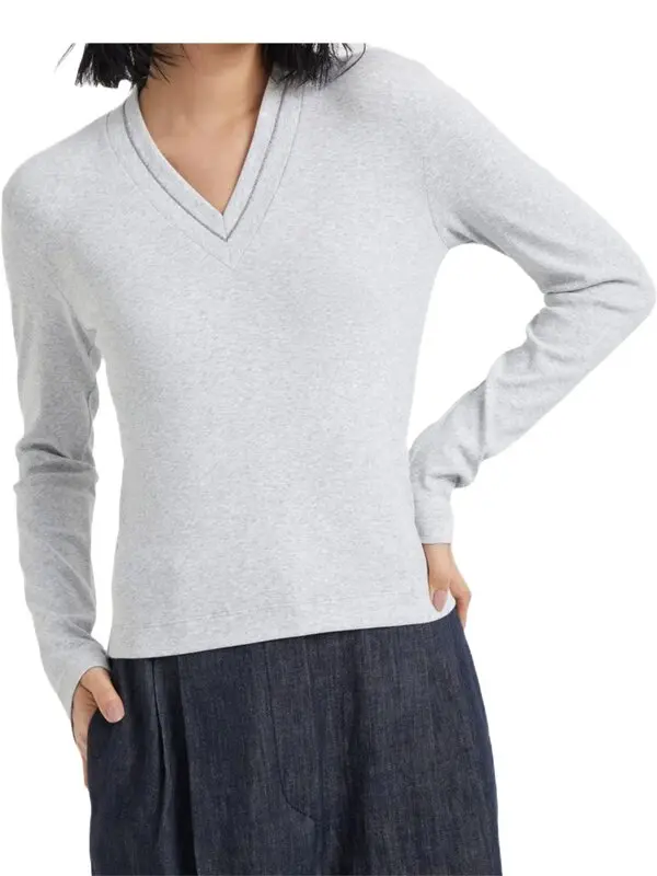 Brunello Cucinelli Long Sleeve V-neck Ribbed Jersey Top - White