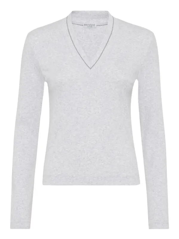 Brunello Cucinelli Long Sleeve V-neck Ribbed Jersey Top - White