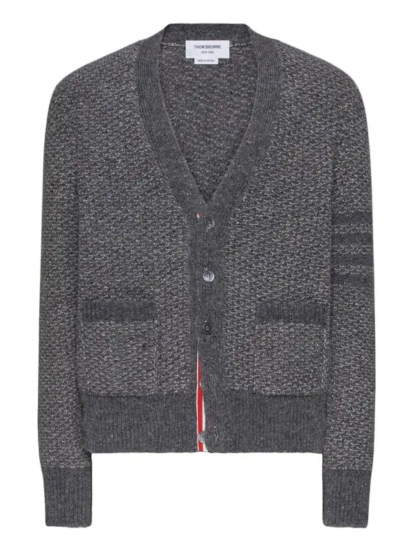 Thom Browne V-neck Chunky-knit Cardigan With Striped Trim - Grey