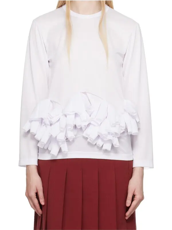 Comme Des Garçons Crew Neck Long Sleeve Top With Ruffled Appliqués - White
