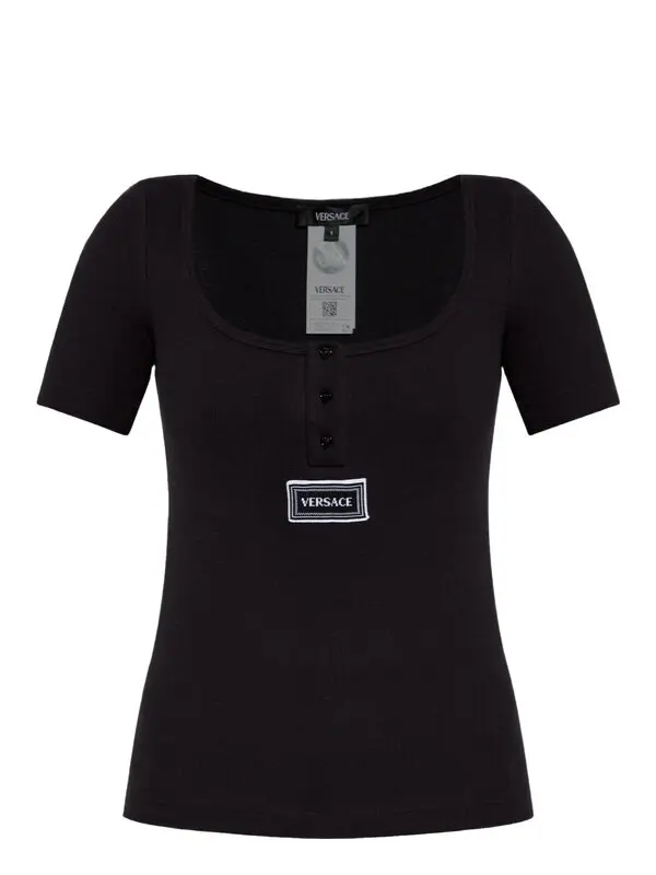 Versace Ribbed Square Neck Short Sleeve Top - Black