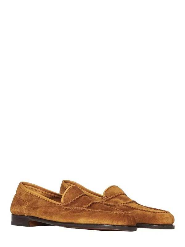John Lobb Round Toe Suede Slip-on Loafers With Stacked Heel - Brown