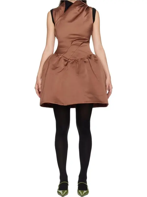 SHUSHU/TONG Satin Dress With Pleated Details And Asymmetrical Collar - Brown