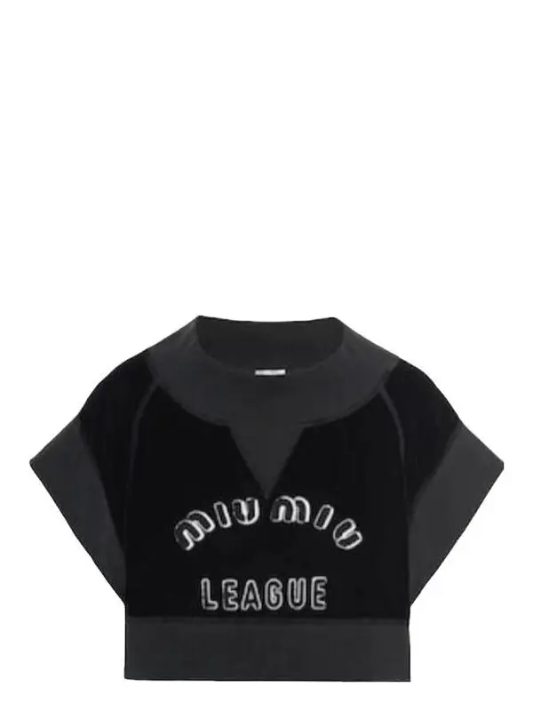 Miu Miu Velvet Cropped T-shirt With Logo Embroidery - Black