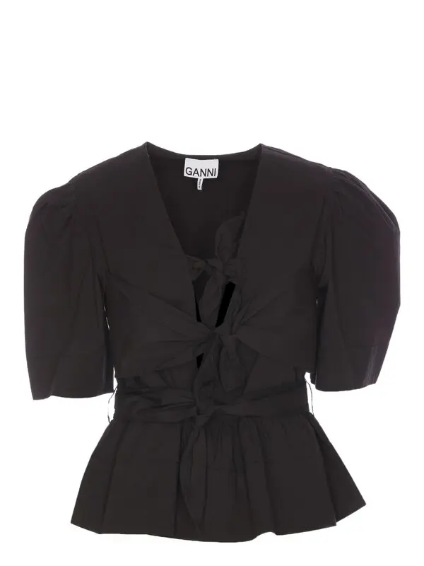 GANNI Bow Detailed Puff-sleeved Blouse - Black