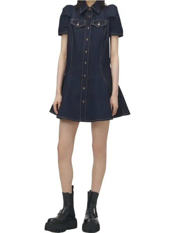 Alexander McQueen Pinched Shoulder Denim Mini Dress - Dark Blue