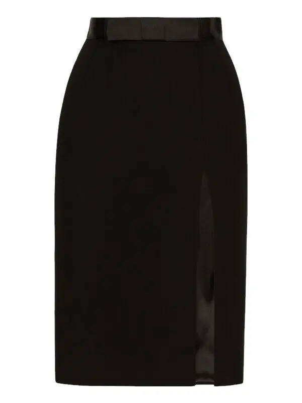 Dolce & Gabbana Satin Bow Belted Midi Pencil Skirt With Side Slit - Black