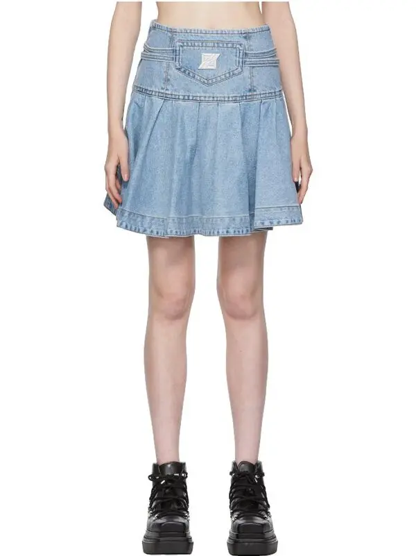 We11Done Logo Plaque Denim Mini Skirt - Blue