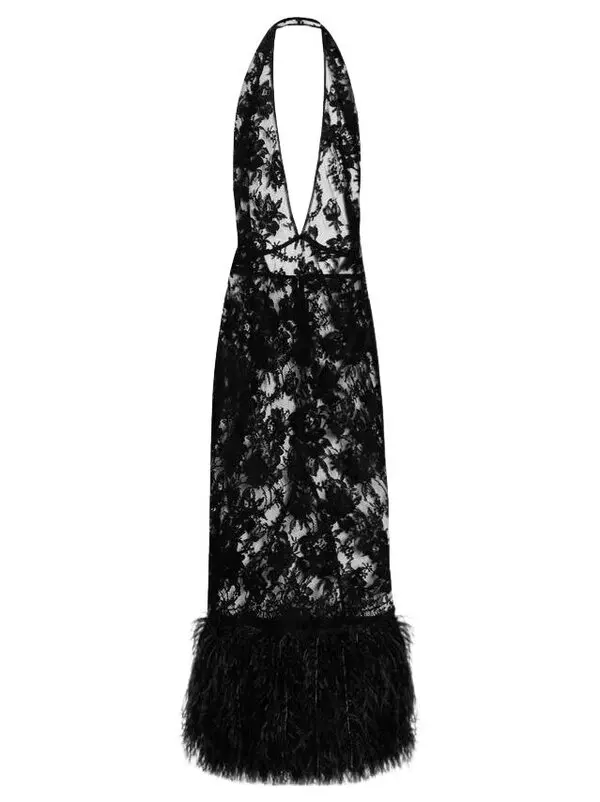 Dolce & Gabbana Halterneck Lace Dress With Feather Trim - Black