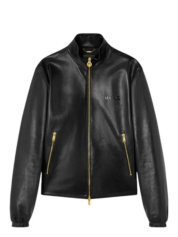 Versace Leather Stand Collar Jacket - Black