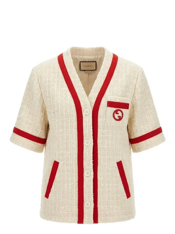 Gucci Two-toned Tweed Jacket With Interlocking G Embroidery - Nude