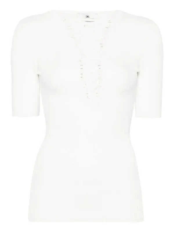 Elisabetta Franchi Short-sleeved Knitted Top With V-neck And Cross-over Detail - White