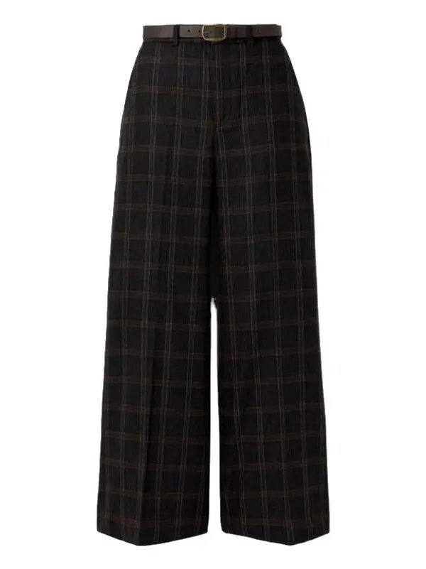 Sea Checked Wide-leg Wool-blend Pants With Leather Belt - Black