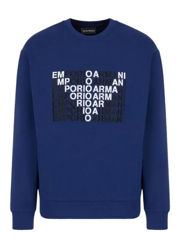Emporio Armani Printed Round Neck Long Sleeve Sweater - Blue