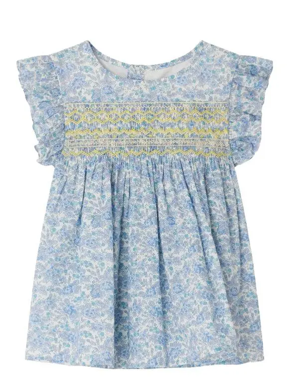 Bonpoint Fidji Smocked Blouse With Ruffle Sleeves - Blue