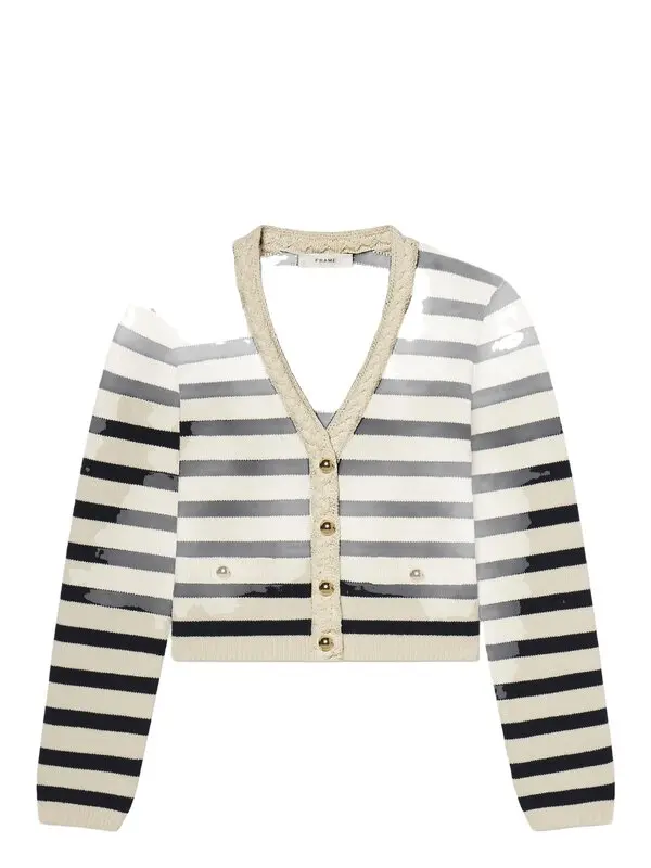 FRAME Striped Long Sleeve V-neck Cardigan - Navy Blue And Cream