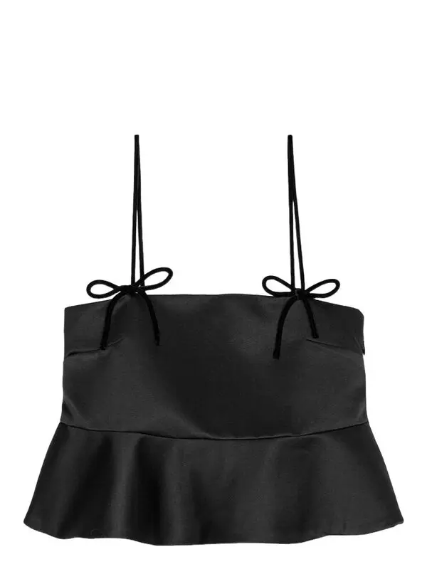 GANNI Duchesse Satin Peplum Top With Bow Shoulder Straps - Black