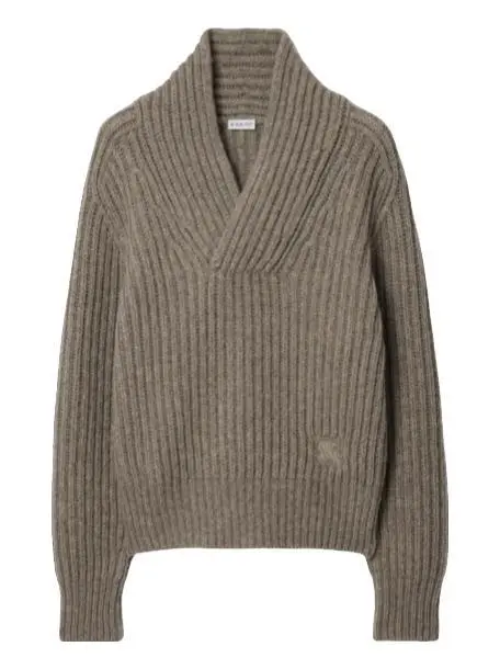 Burberry Shawl Collar Knitted Jumper With Equestrian Knight Design - Beige Melange
