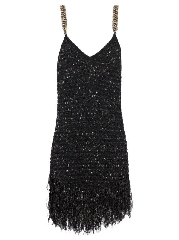 Balmain Chain Strap Lurex Tweed Mini Dress With Fringed Hem - Black