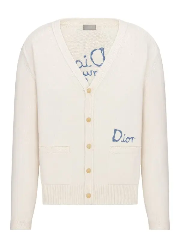 Dior Ribbed Knit V-neck Cardigan - White