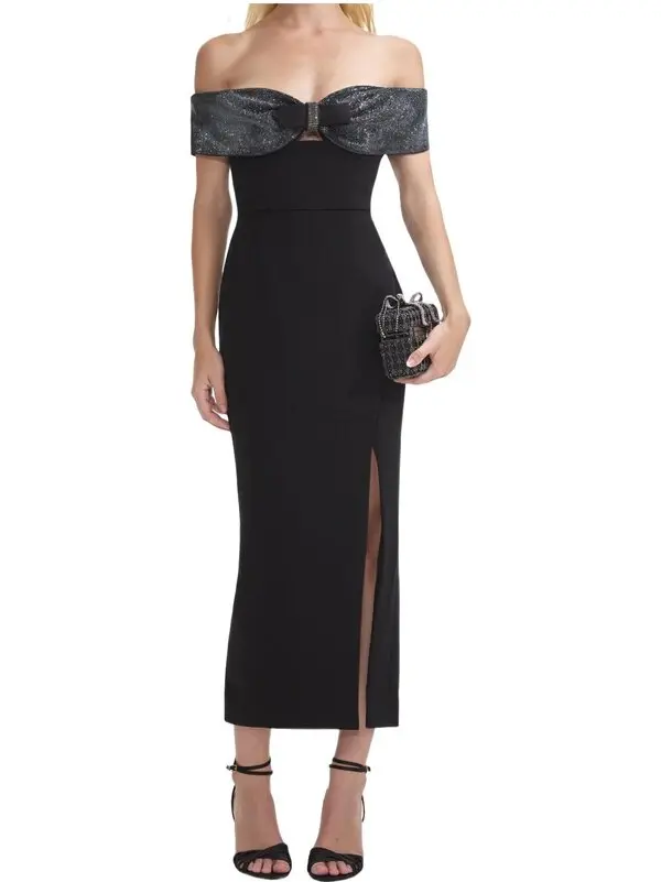 SELF-PORTRAIT Off-shoulder Bow Neckline Crepe Midi Dress - Black