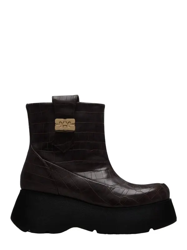 GANNI Crocodile-embossed Platform Ankle Boots - Chocolate-colored