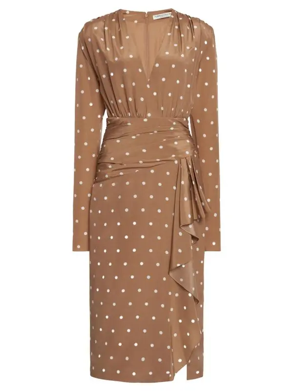 Alessandra Rich Long Sleeve Polka Dot Midi Dress - Camel White
