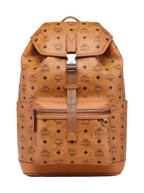 Mcm Monogram Printed Buckled Backpack - Cognac