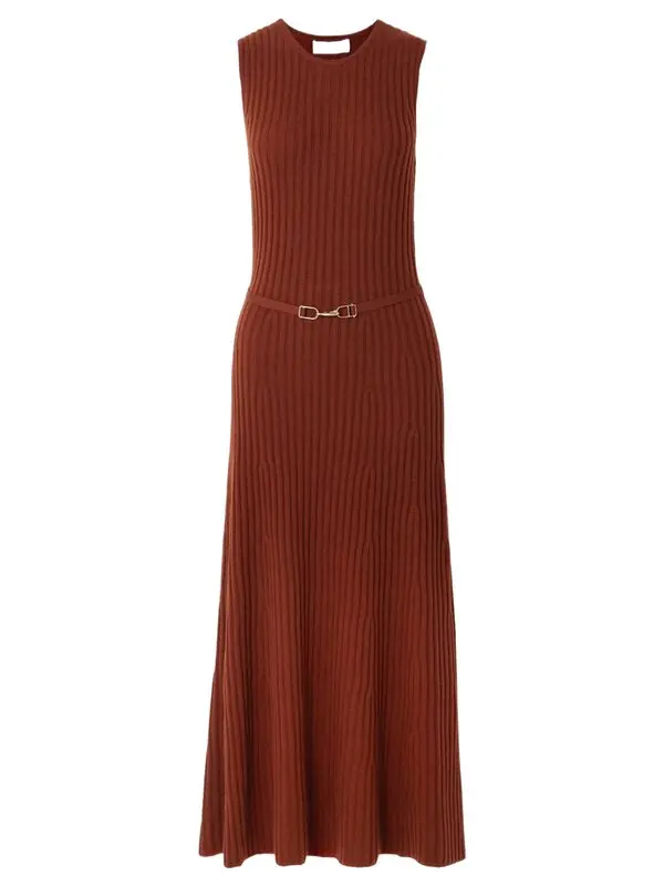 Gabriela Hearst Ribbed Knit Sleeveless Dress With Hardware Belt - Wine Red