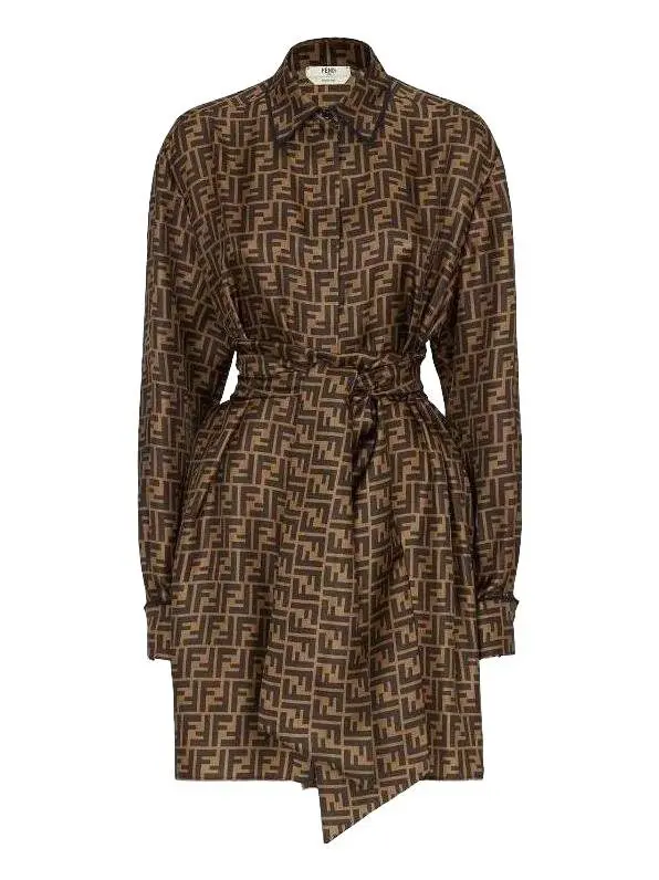 Fendi Ff Motif Belted Shirt Dress - Brown