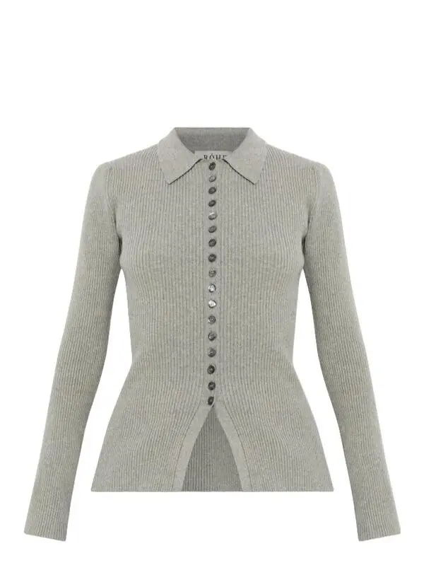 RÓHE Ribbed Knit Button-up Top With Classic Collar - Gray