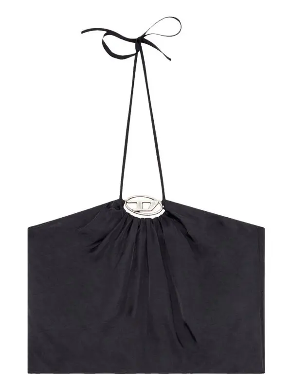 DIESEL® Halter Neck Satin Top With Logo Hardware - Black