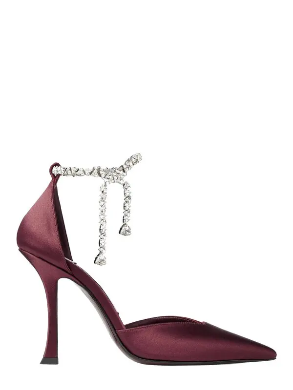 JIMMY CHOO Stevie 100 Satin Pointed Toe Stiletto High Heels With Embellished Ankle Strap - Ruby Red