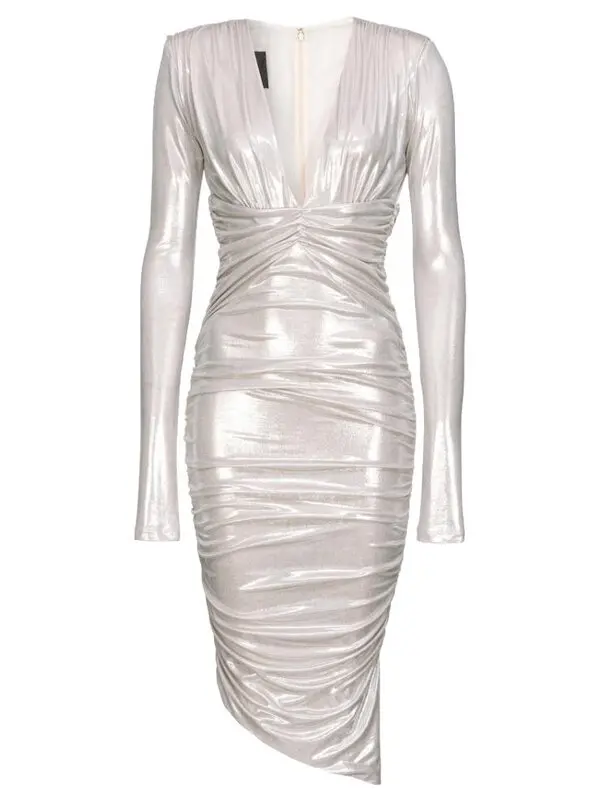 Pinko Asymmetrical Hem Gathered Metallic Midi Dress - No