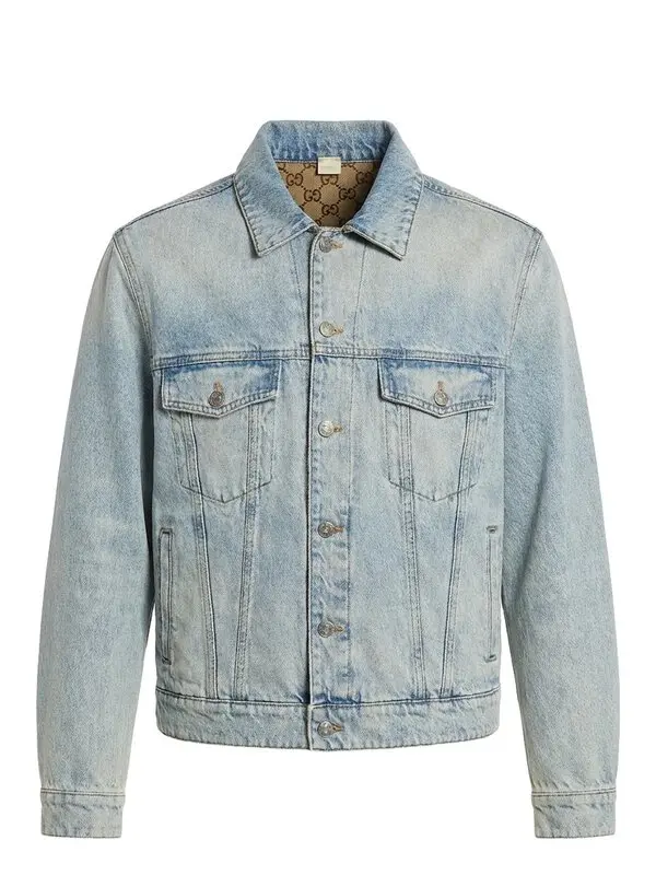 Gucci Reversible Denim Jacket With Gg Canvas - Light Blue/beige And Ebony