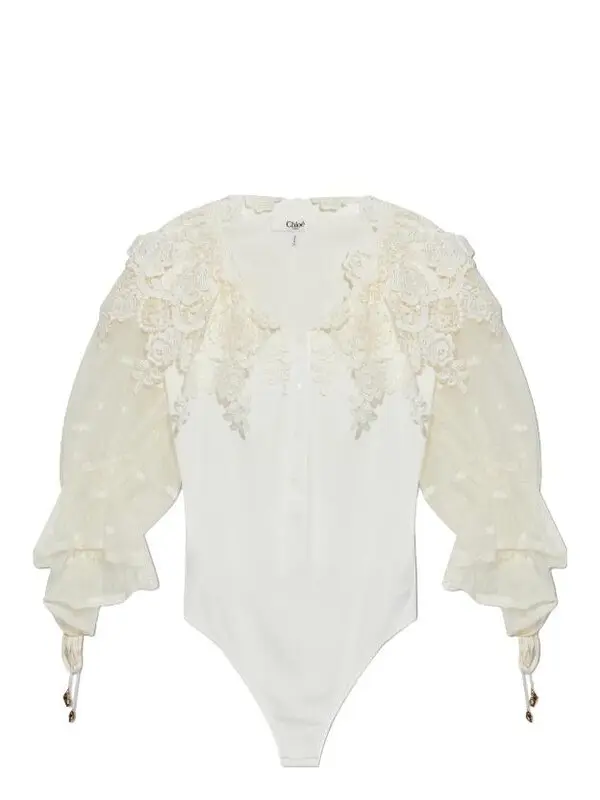 Chloé Puff-sleeved Bodysuit With Lace Details - White