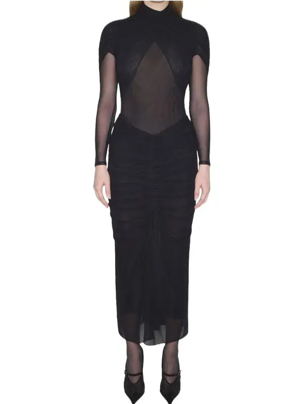 MUGLER High Neck Sheer Long Sleeve Ruffled Dress - Black